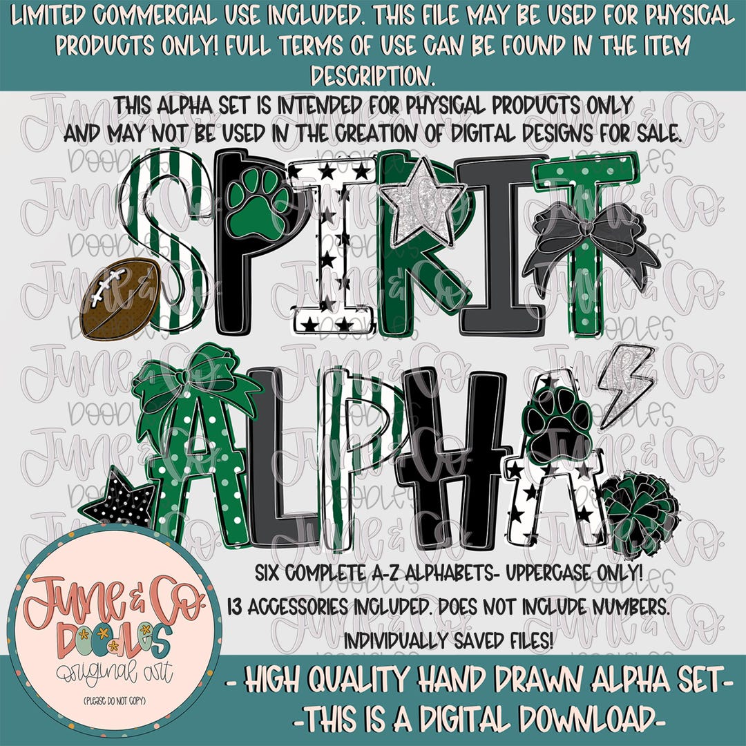 Spirit Alphabet Set- Black and Green| Team Spirit Doodle Alpha ...