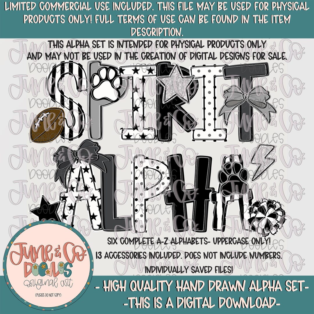 Spirit Alphabet Set- Black, White and Gray| Team Spirit Doodle Alpha ...