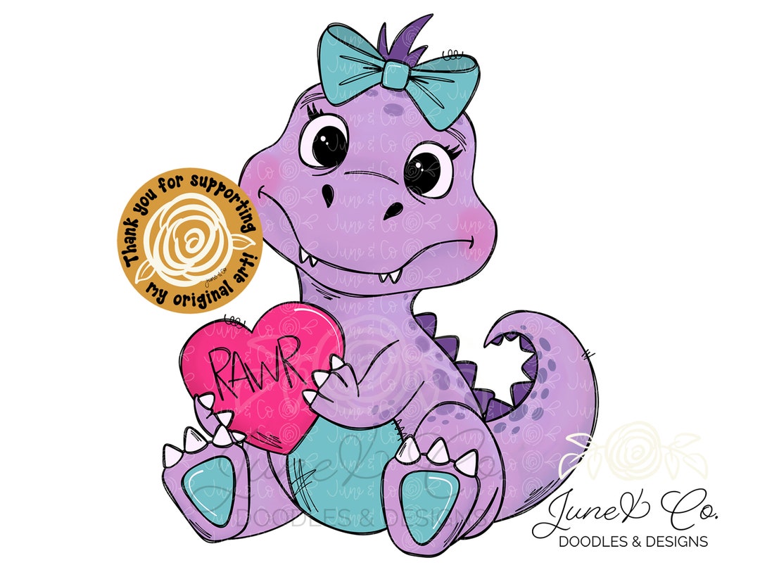Valentine's Dino Girl PNG Dinosaur Doodle Sublimation File Valentine's ...