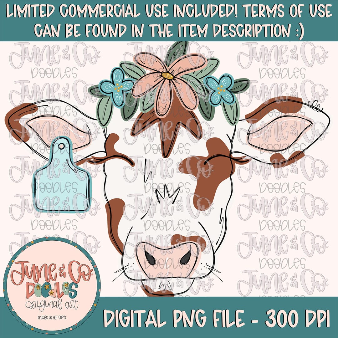 Floral Cow PNG| Girly Cow With Flowers Sublimation File| Girls Cow Tag ...