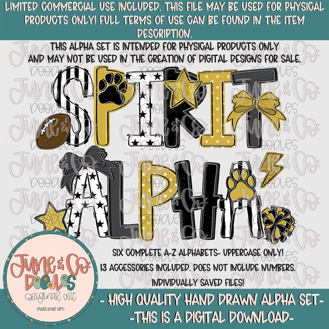 Spirit Alphabet Set- Black and Gold| Team Spirit Doodle Alpha ...