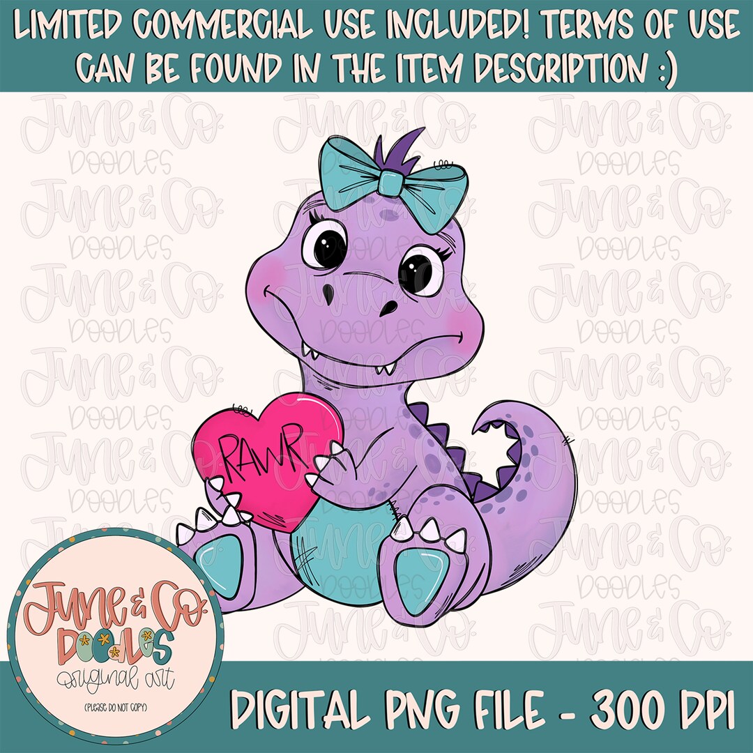 Valentine's Dino Girl PNG| Dinosaur Doodle Sublimation File| Valentine ...