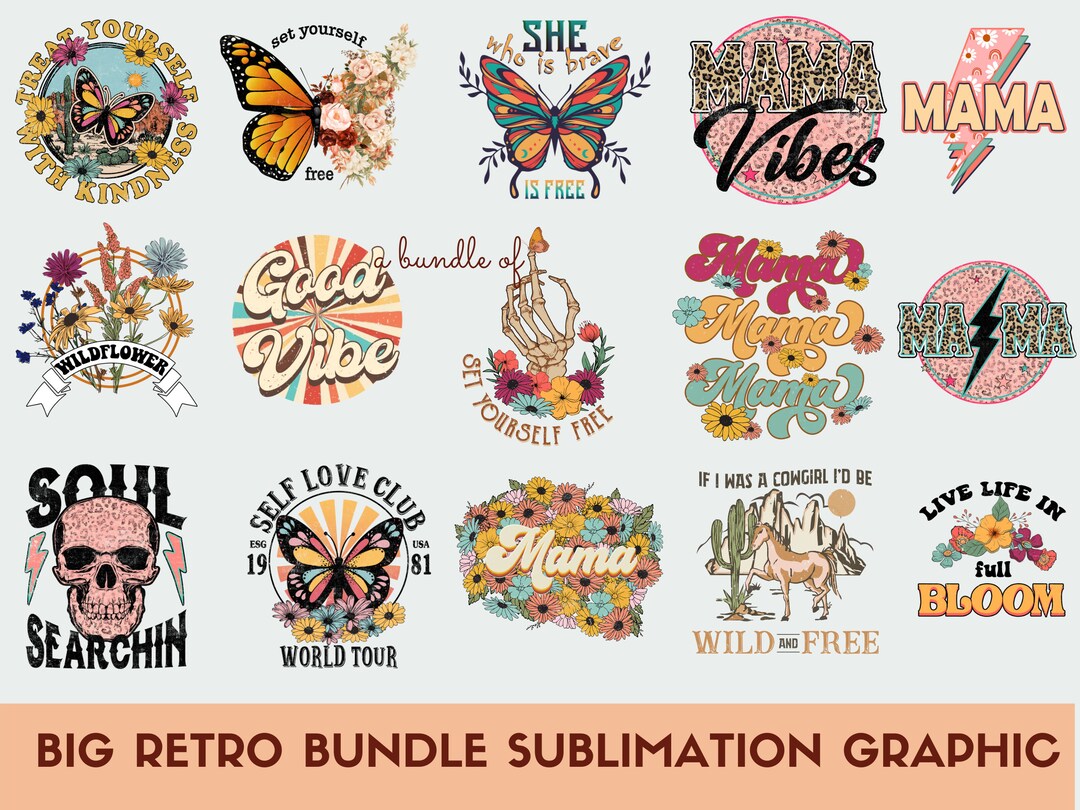 50 Retro Bloom PNG Bundle, Flower Butterfly, Bee Happy, Bloom Flowers ...