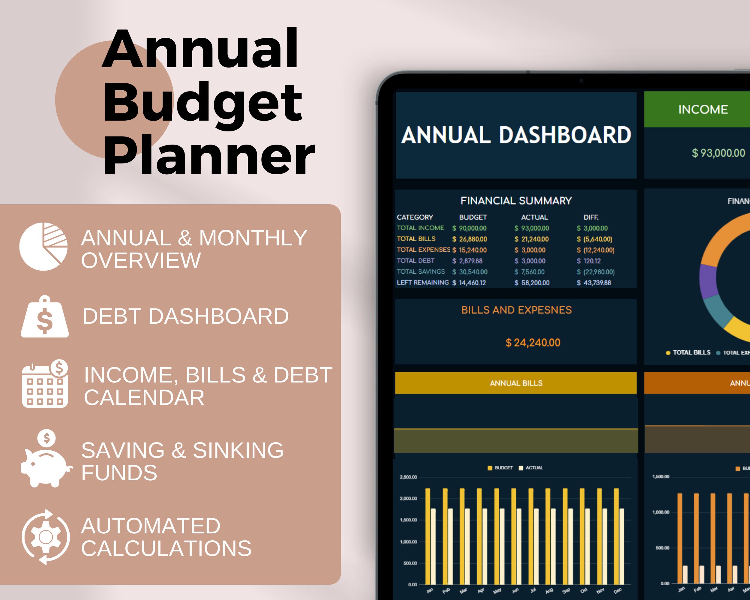 2024 Budget Spreadsheet Google Sheets, Black Version, Annual & Monthly ...