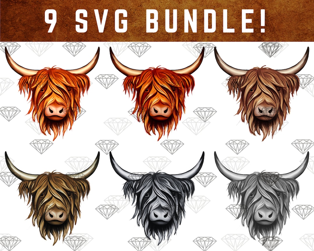 9 Highland Cow Sublimation SVG Bundle, Scottish Breed Cow Face Clipart ...