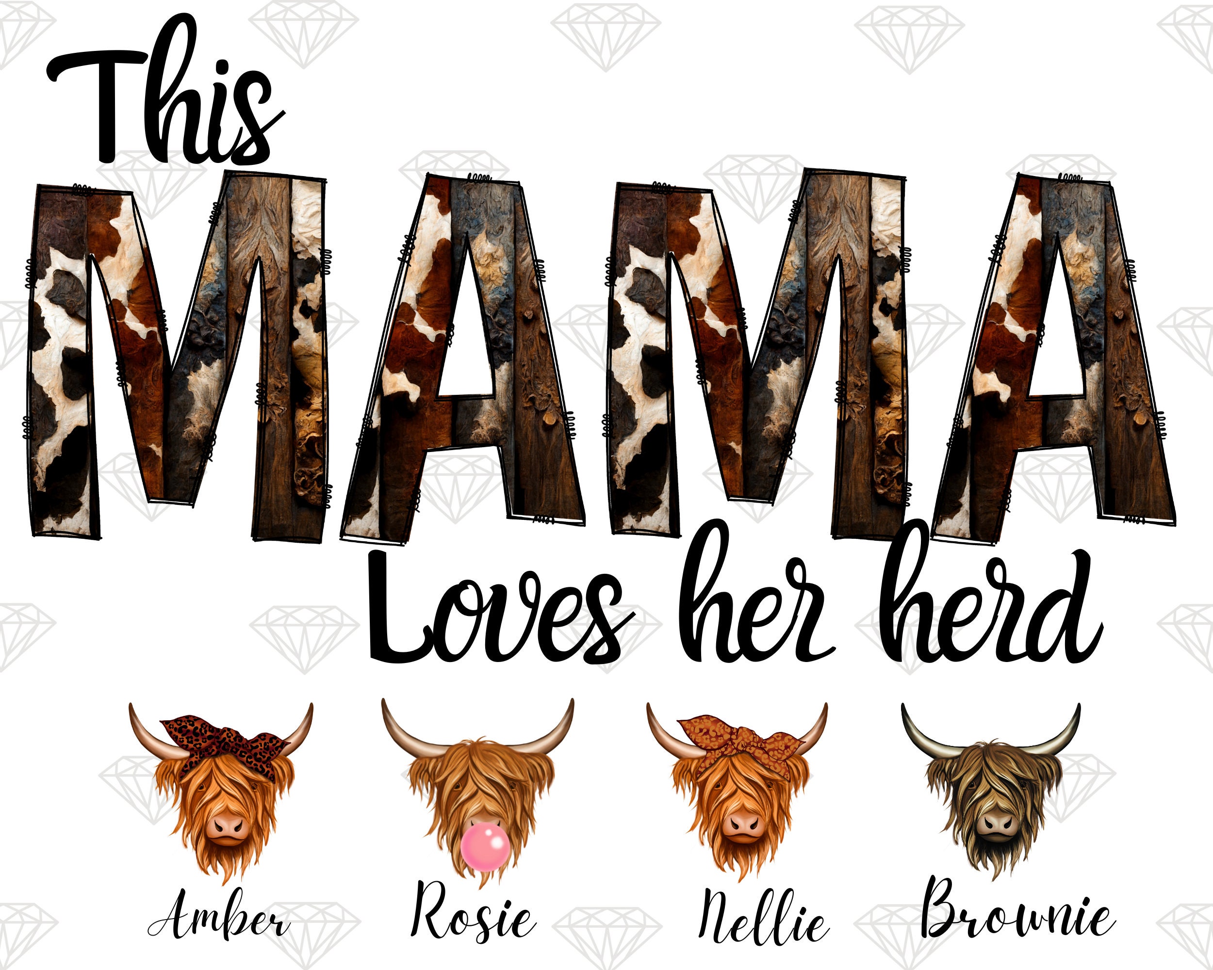 This MAMA Loves Her Heart Herd PNG With 6 Highland Cow Faces Clipart ...