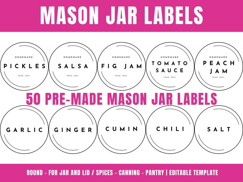 Mason Jar Labels Template With 50 Editable Jar Labels for Canning ...