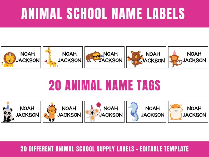 School Name Labels With Animal SVG Name Tags for Cricut, Customizable ...