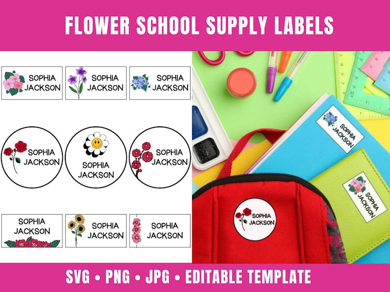 School Supply Labels With Flower SVG Name Tags for Cricut, Customizable ...