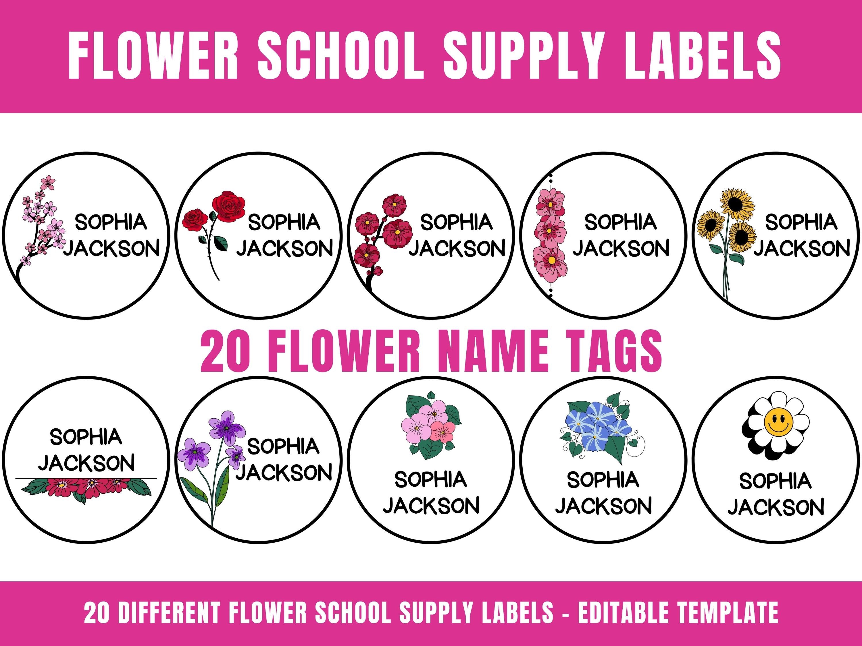 School Supply Labels With Flower SVG Name Tags for Cricut, Customizable ...