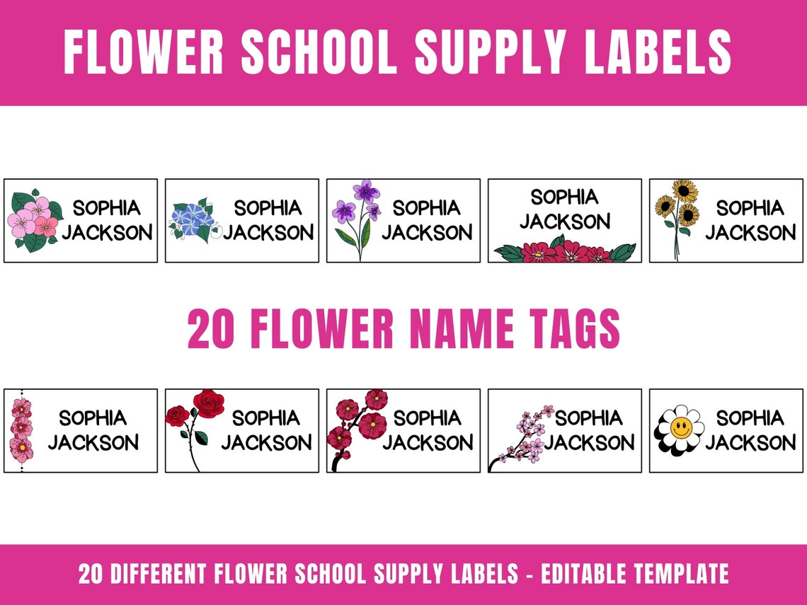 School Supply Labels With Flower SVG Name Tags for Cricut, Customizable ...