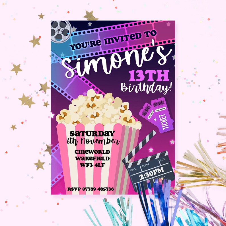 Kids Movie Birthday Party Invitation Template Templett File Cinema ...