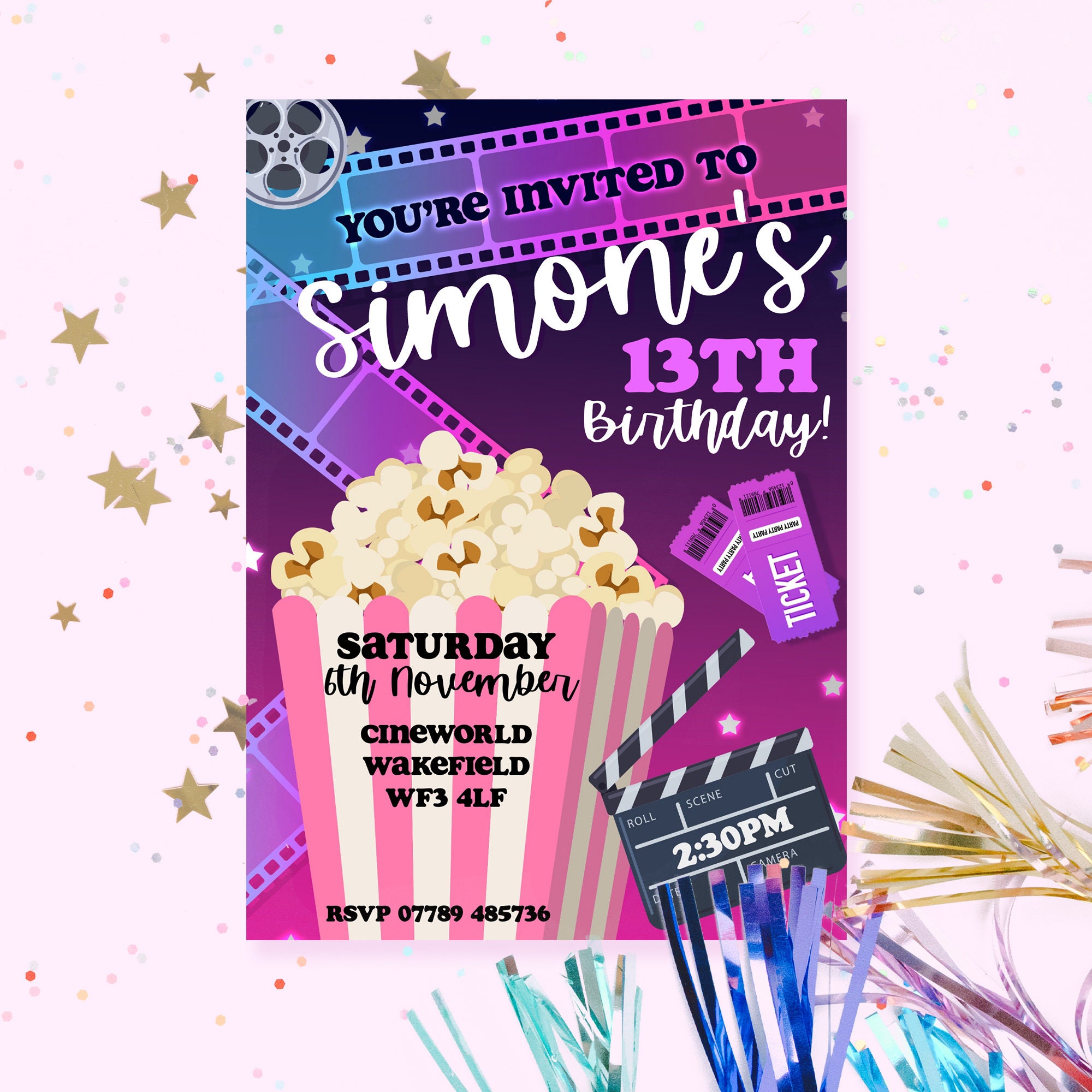 Kids Movie Birthday Party Invitation Template Templett File Cinema ...