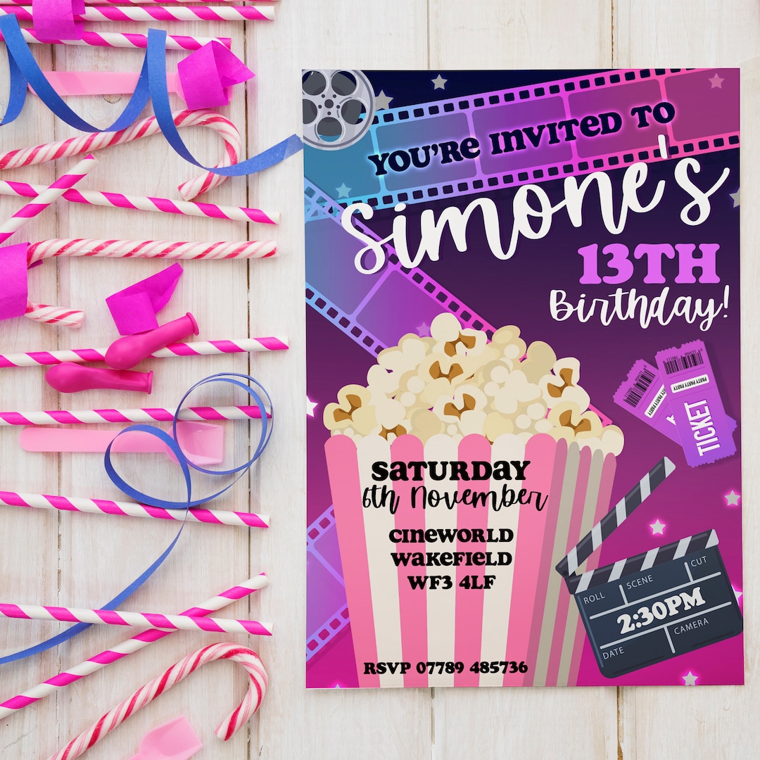 Kids Movie Birthday Party Invitation Template Templett File Cinema ...