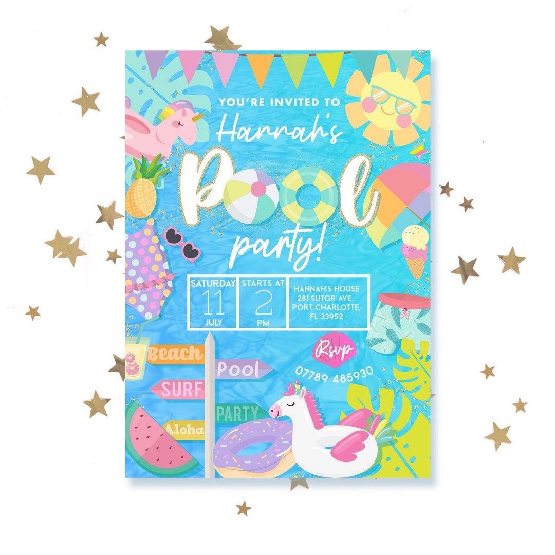 Kids Swimming Birthday Party Invitation Template Templett File Pool ...