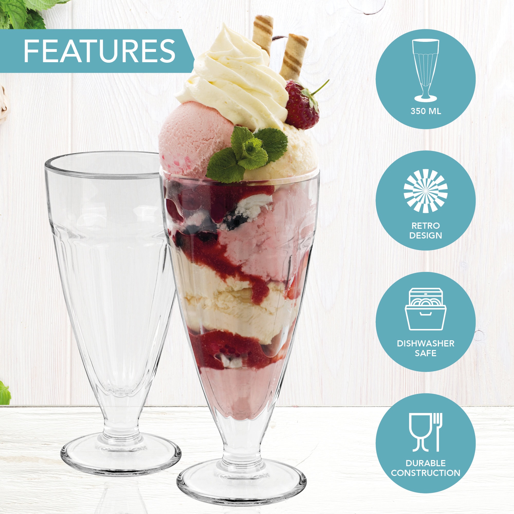 Ice Cream Sundae Glasses - Set of 4 Tall 350ml Milkshake Glasses With ...