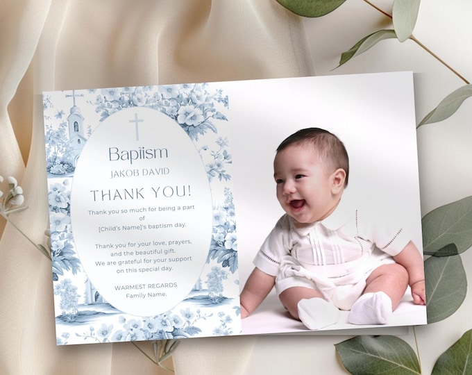 Baptism Thank You Card With Picture, Blue Toile De Jouy, Editable Baby ...