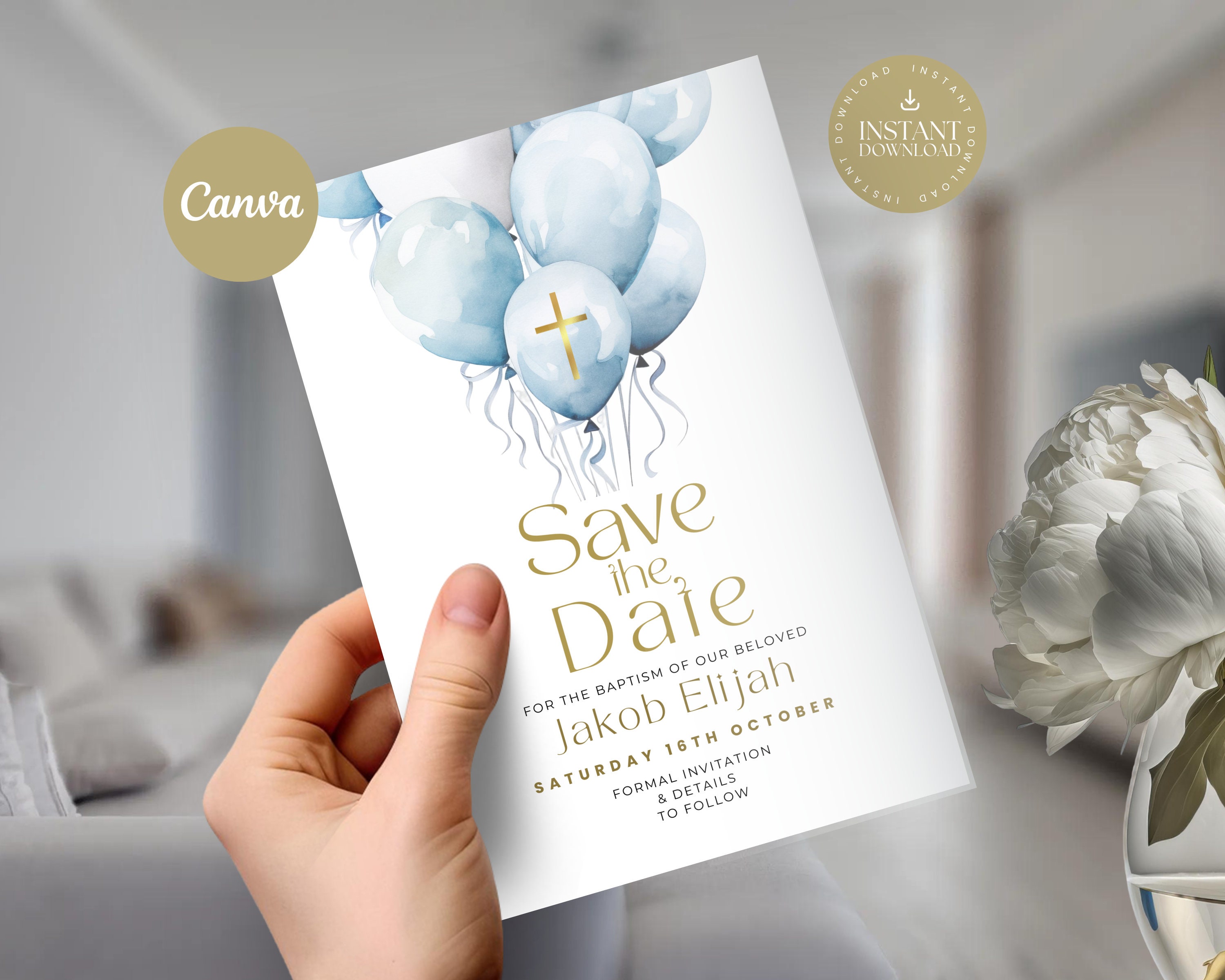 Save the Date Baptism Invitation, Boy, Blue and Gold, Balloons ...