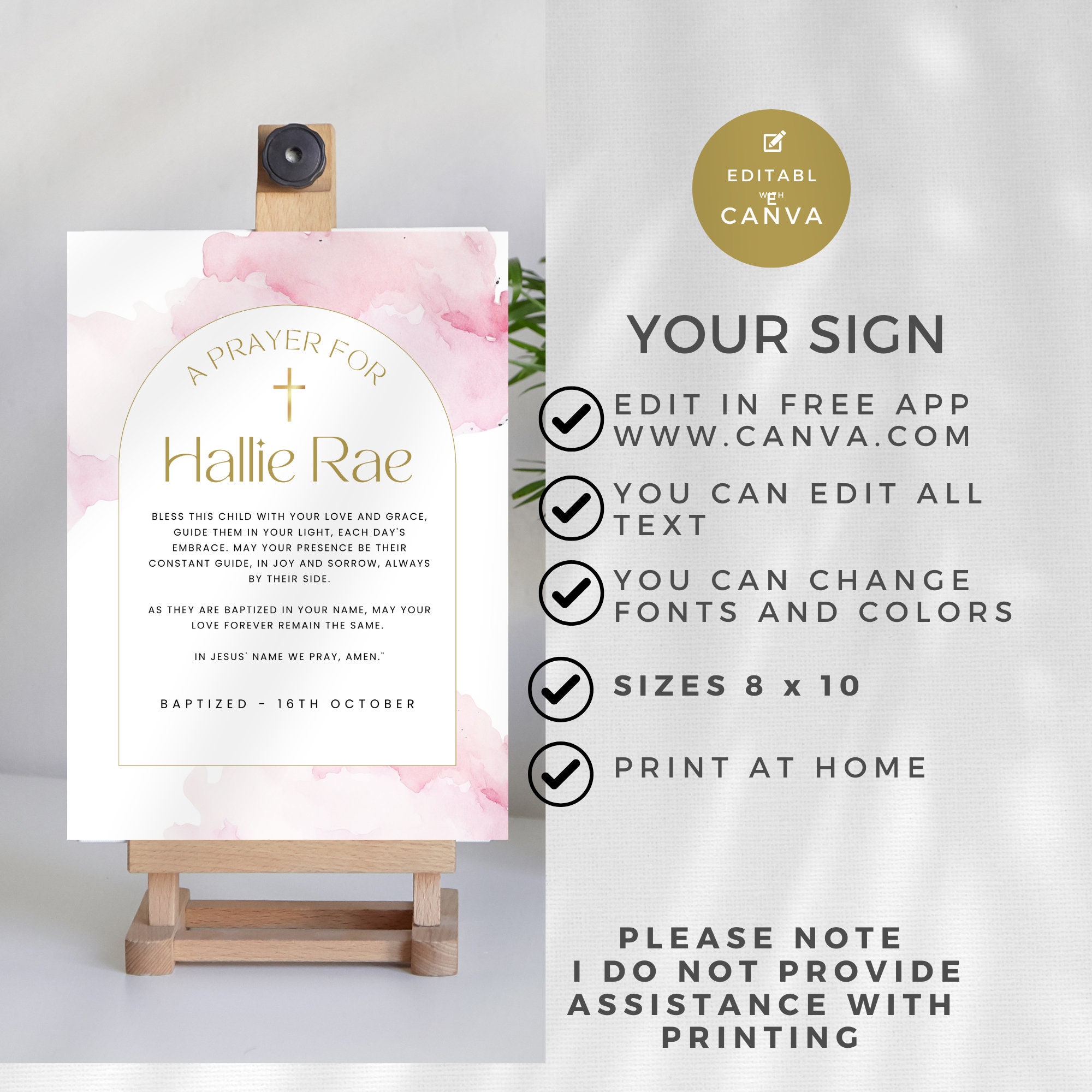 Baptism Prayer Sign, Pink Watercolor Decor Sign for Boy, Christening ...