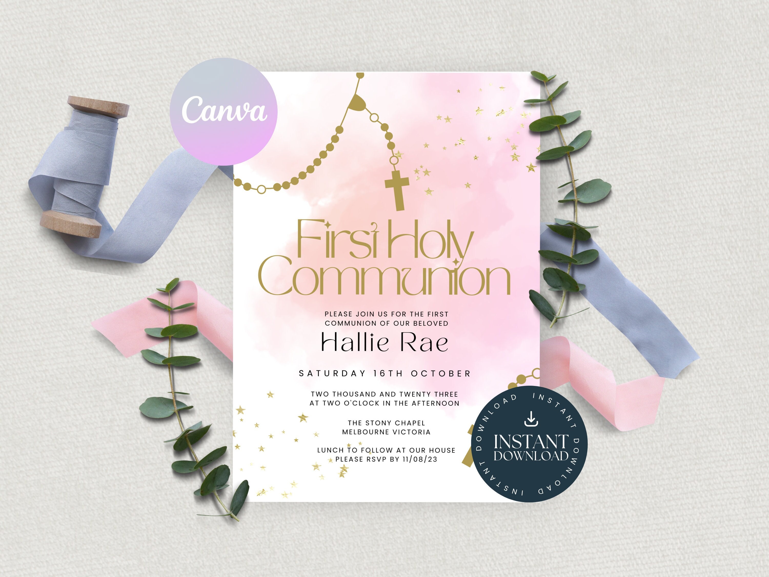 Editable Holy Communion Invitation Card Template, Pink, Gold Watercolor ...
