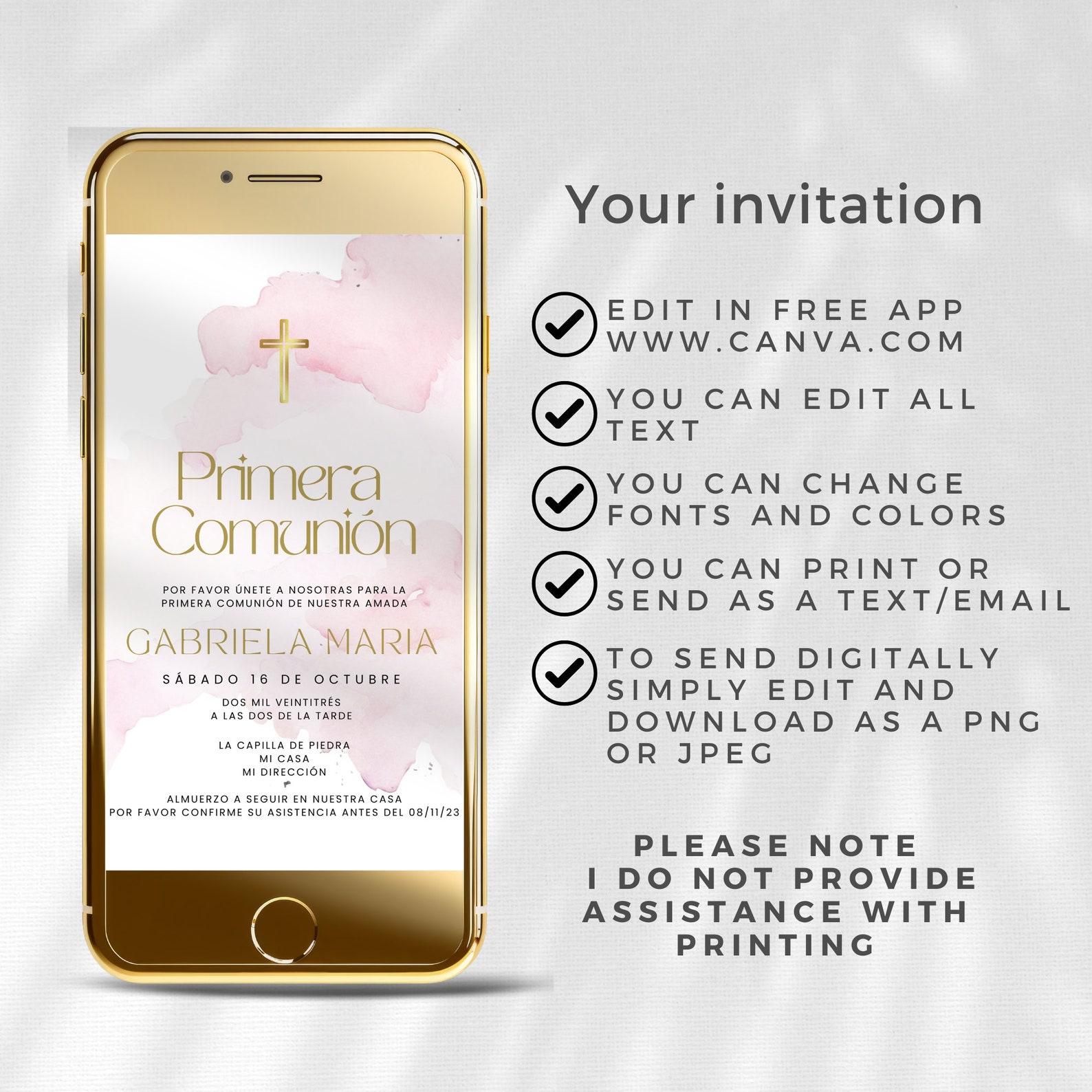 First Holy Communion Invitation Spanish, Girls Pink Primera Comunion ...