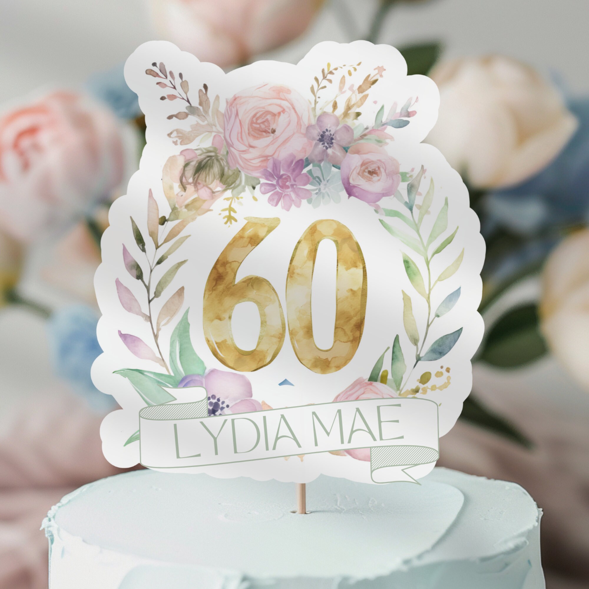 60th Birthday Decorations for Women Cake Topper, Printable, Editable ...