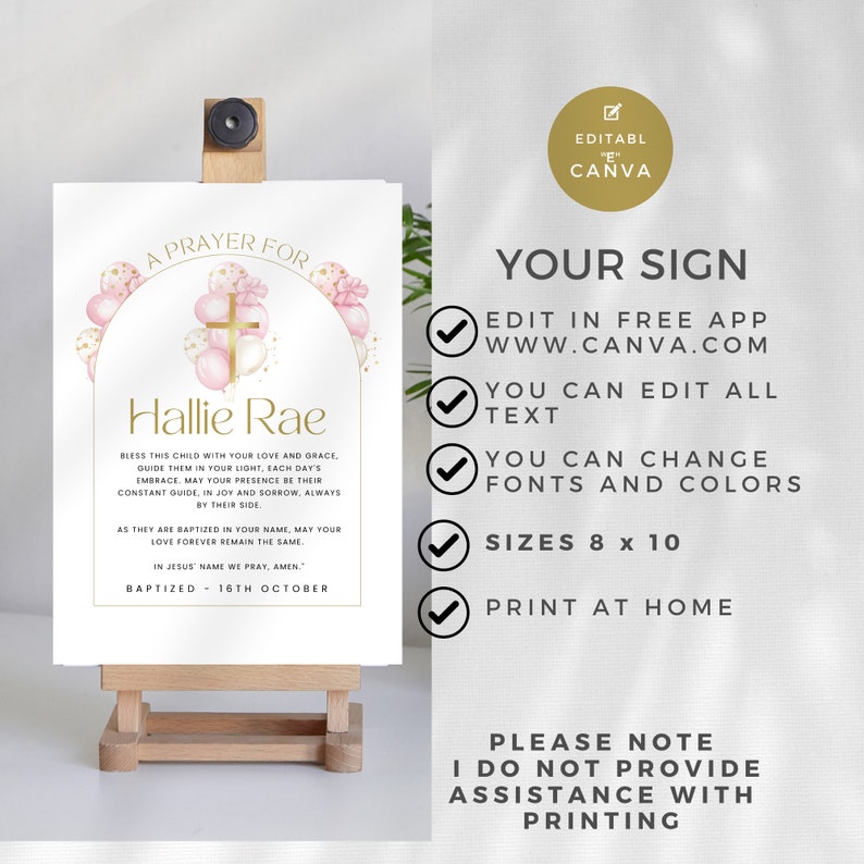 Baptism Prayer Sign Girl, 1st Birthday Decor, Pink Balloons ...