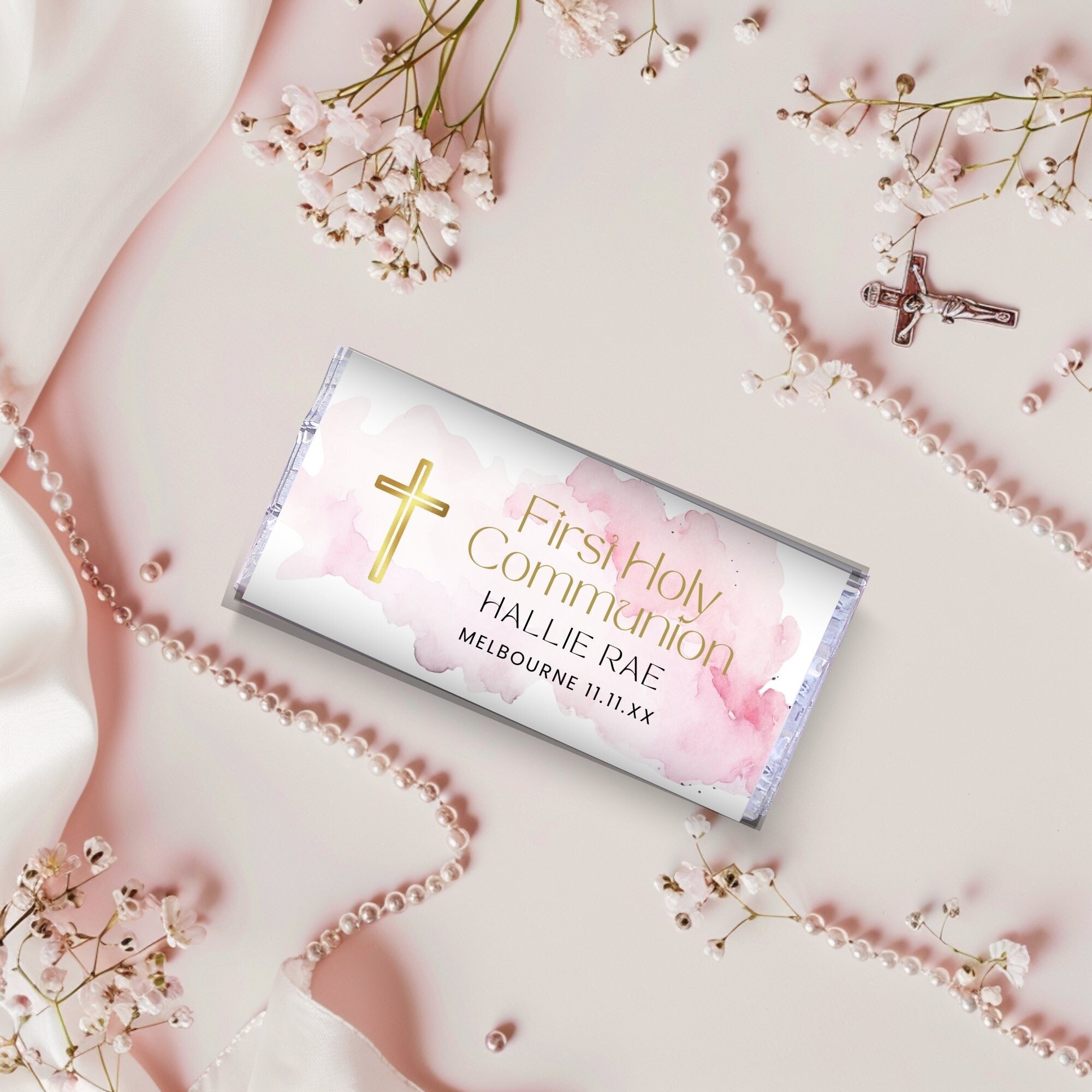 First Holy Communion Candy Bar Wrapper, Pink Watercolor, Girl, Hershey ...