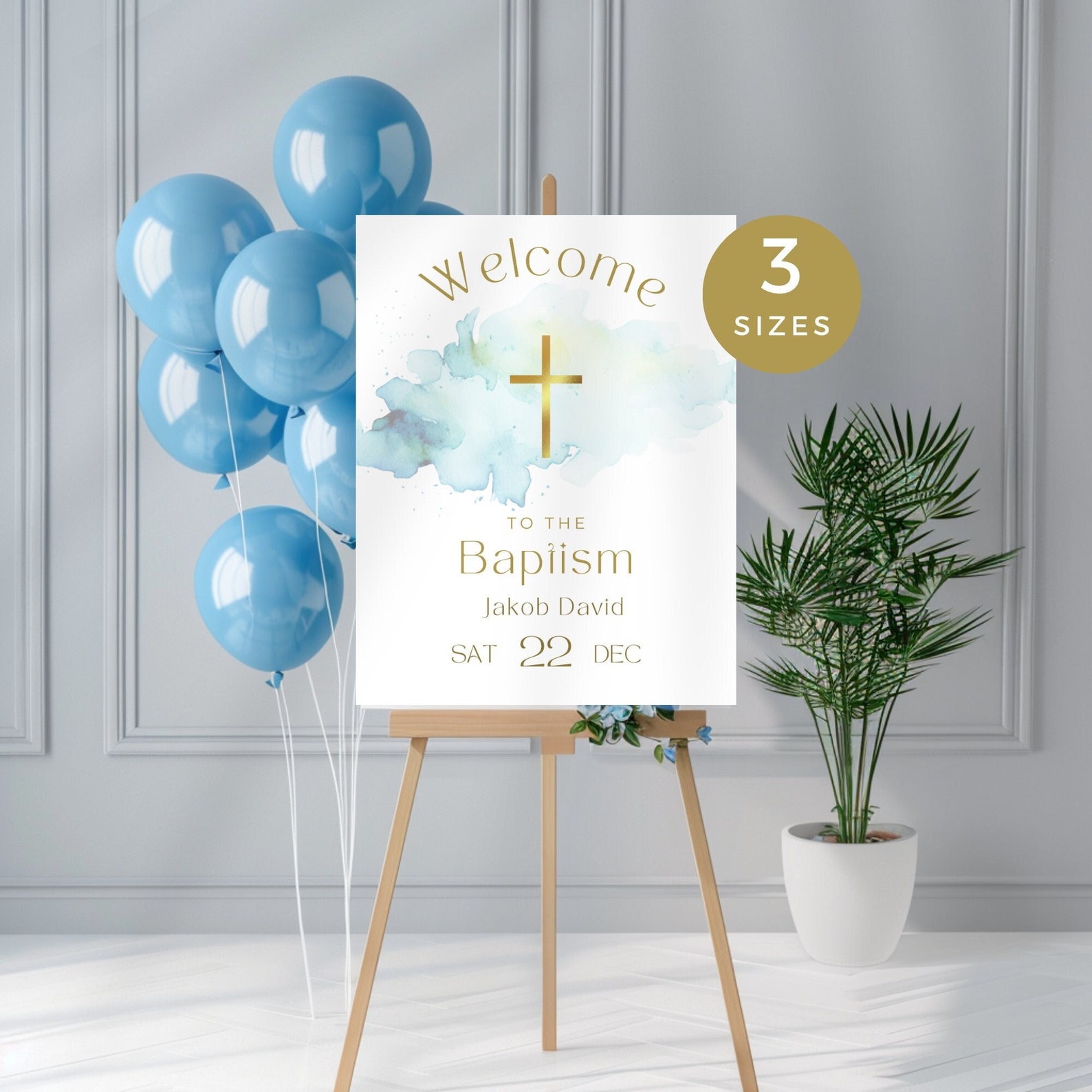 Dusky Blue Baptism Welcome Sign, Modern Watercolor Poster Template ...