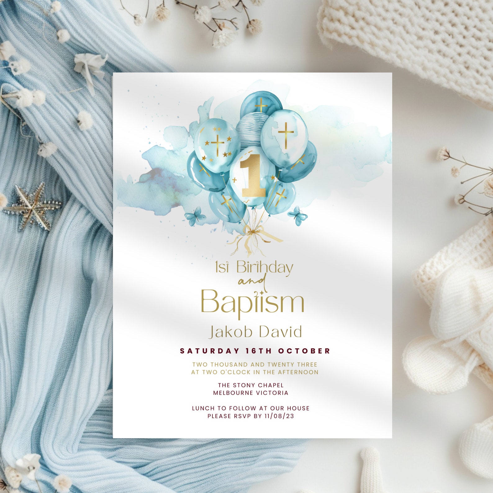 Baptism and First Birthday Invitation Boy, 1st Birthday Invite, Blue ...