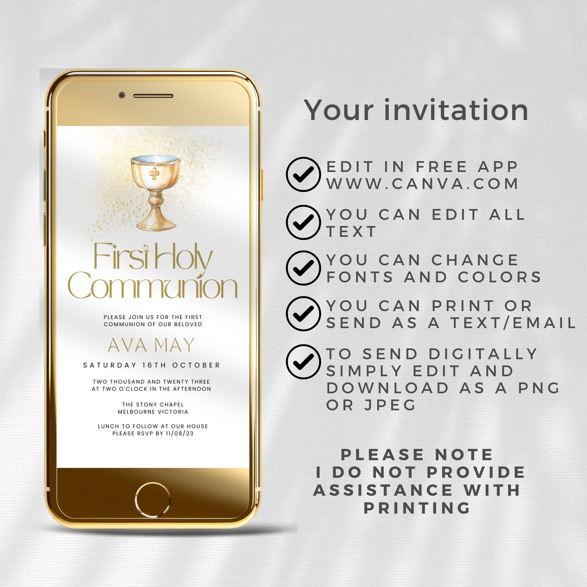 First Holy Communion Invitation, Religious Catholic Invite, Gold ...