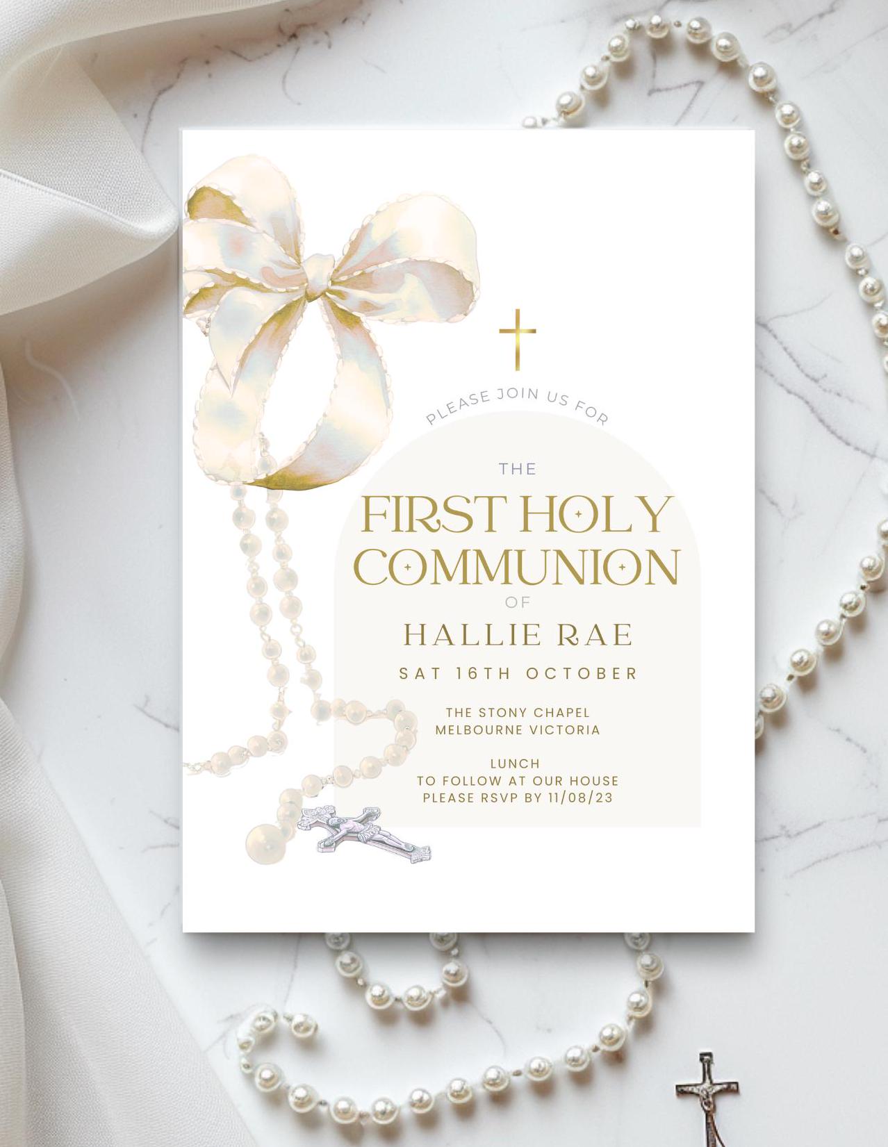 Gold Bow First Holy Communion Invitation, 1st Communion Invite for Girl ...