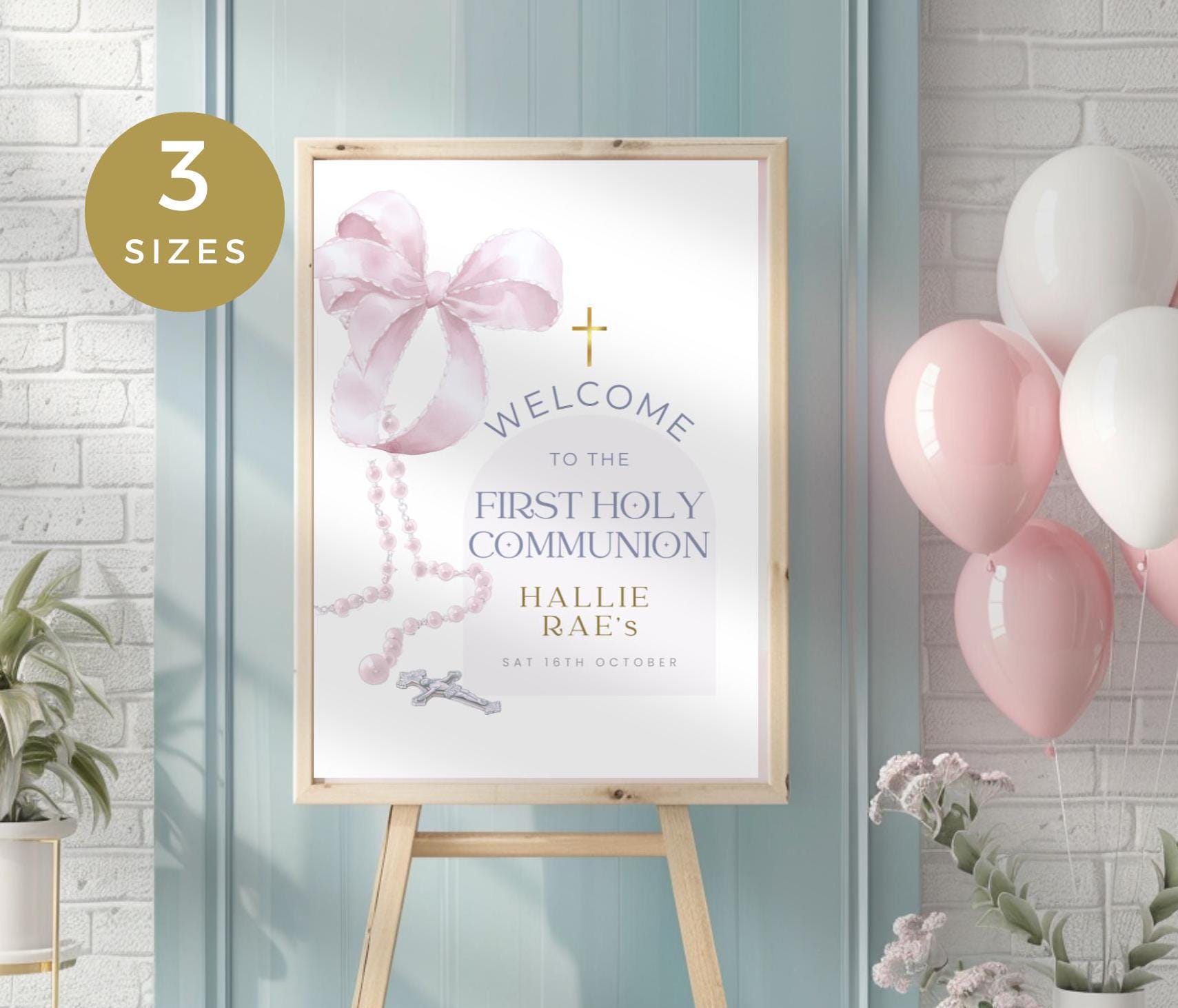 Pink First Holy Communion Welcome Sign, Watercolor 1st Communion Party ...