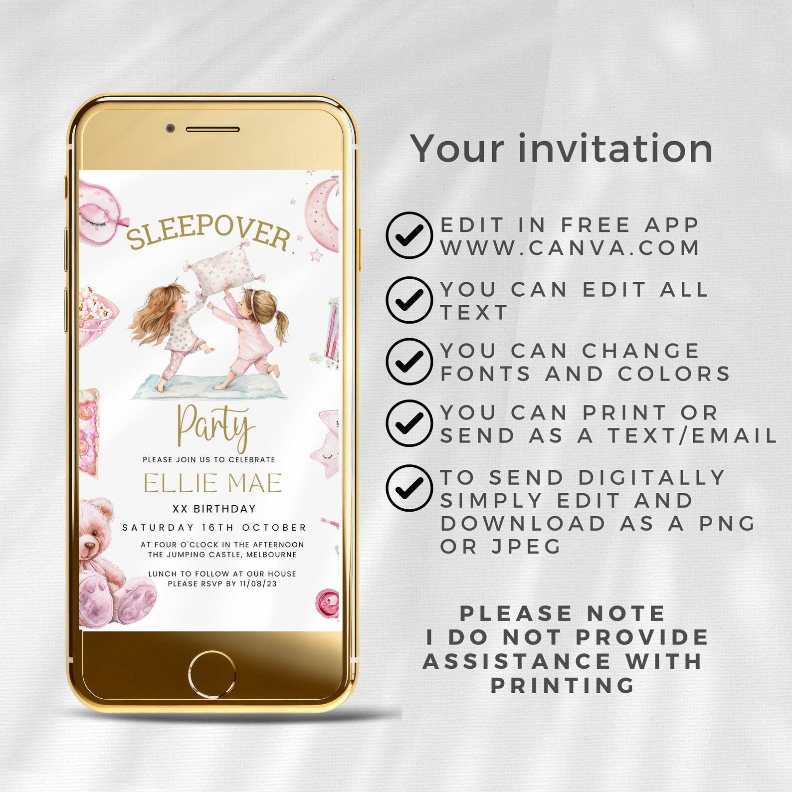 7th Birthday Sleepover Invitation, 6th, 8th, 9th, 10th, 11th Pajama ...