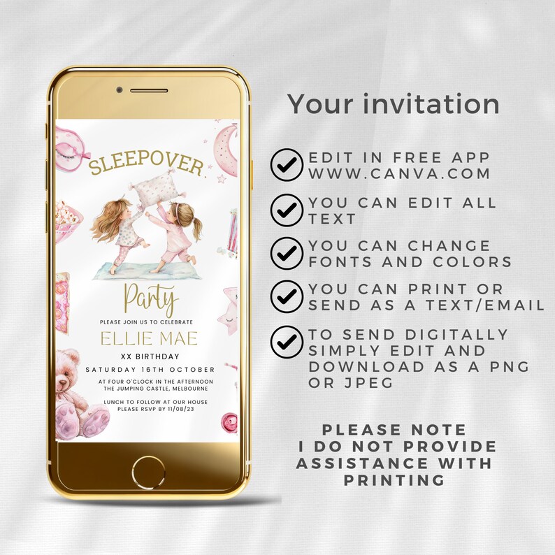 7th Birthday Sleepover Invitation, 6th, 8th, 9th, 10th, 11th Pajama ...