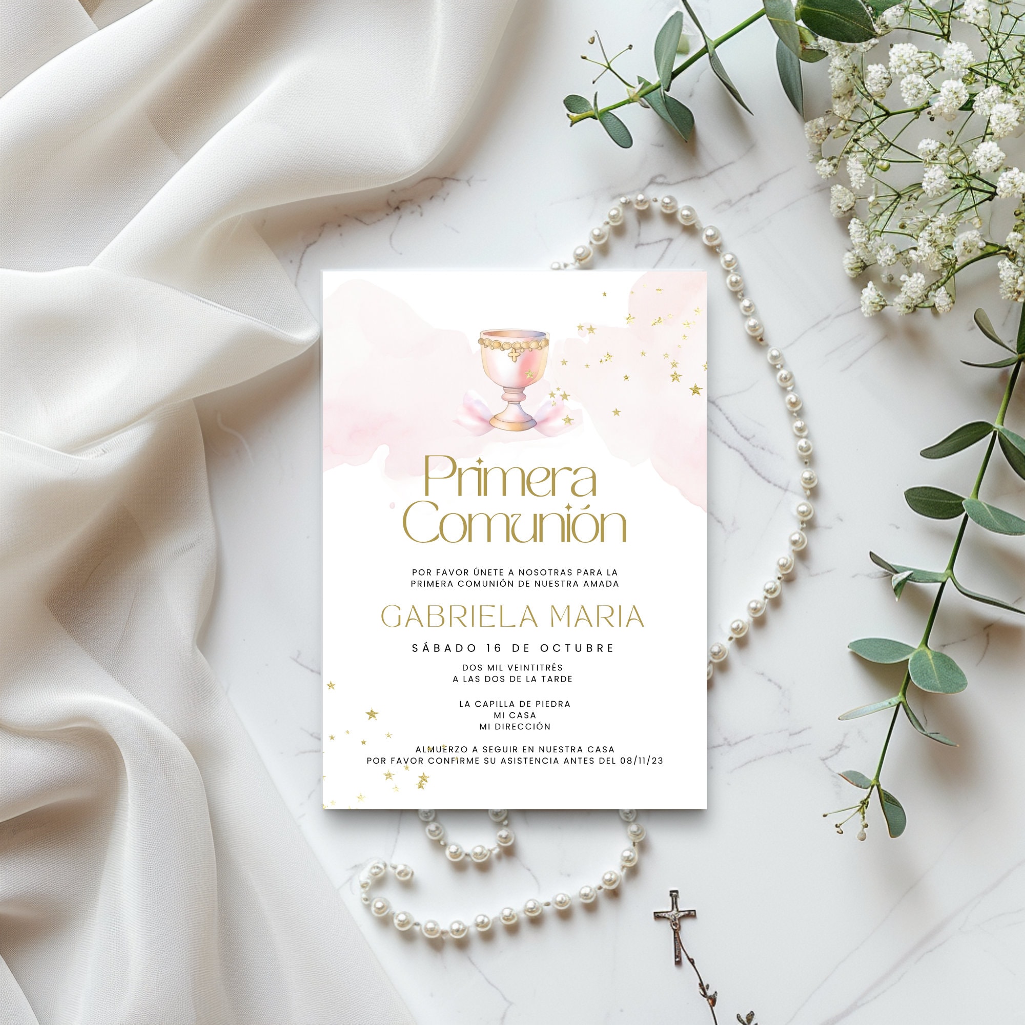 First Holy Communion Invitation Spanish, Girls Pink Primera Comunion ...