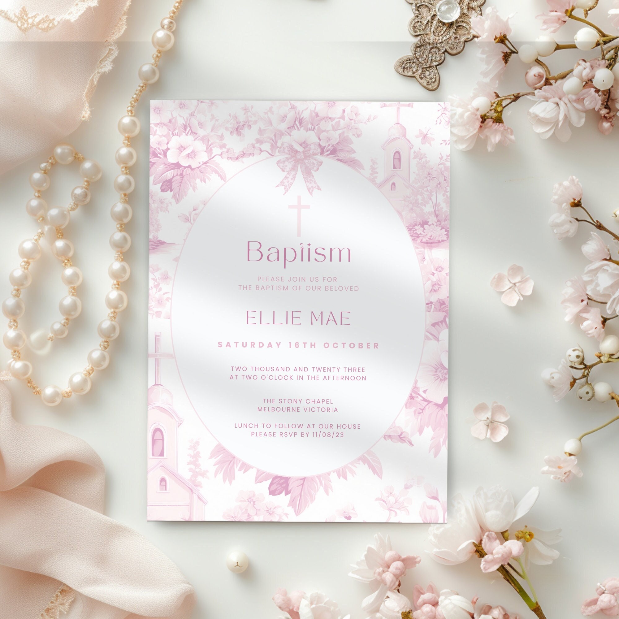 Pink Baptism Invitation Girl, Vintage Toile De Jouy, Digital ...