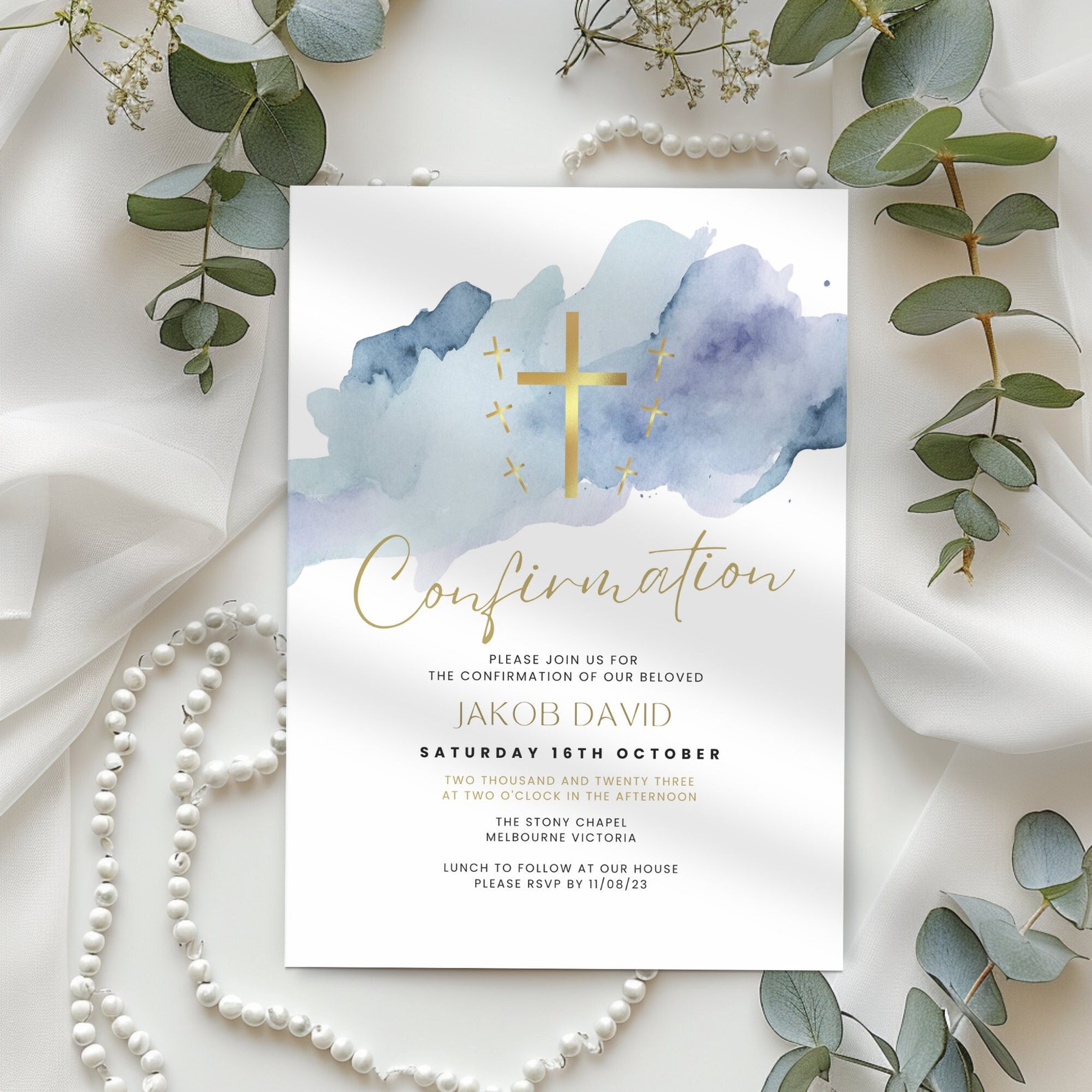 Navy and Gold Confirmation Invitations, Boys Editable Catholic Invites ...