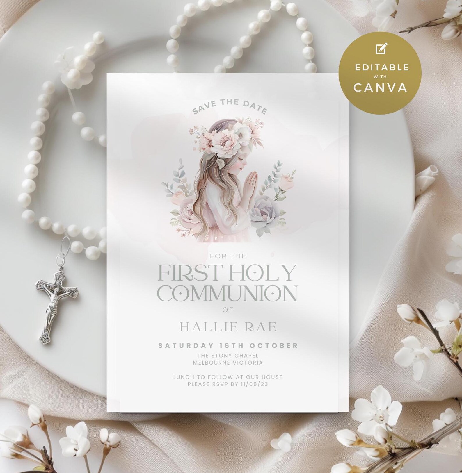 Girls First Holy Communion Save the Date Invitation, 1st Communion ...