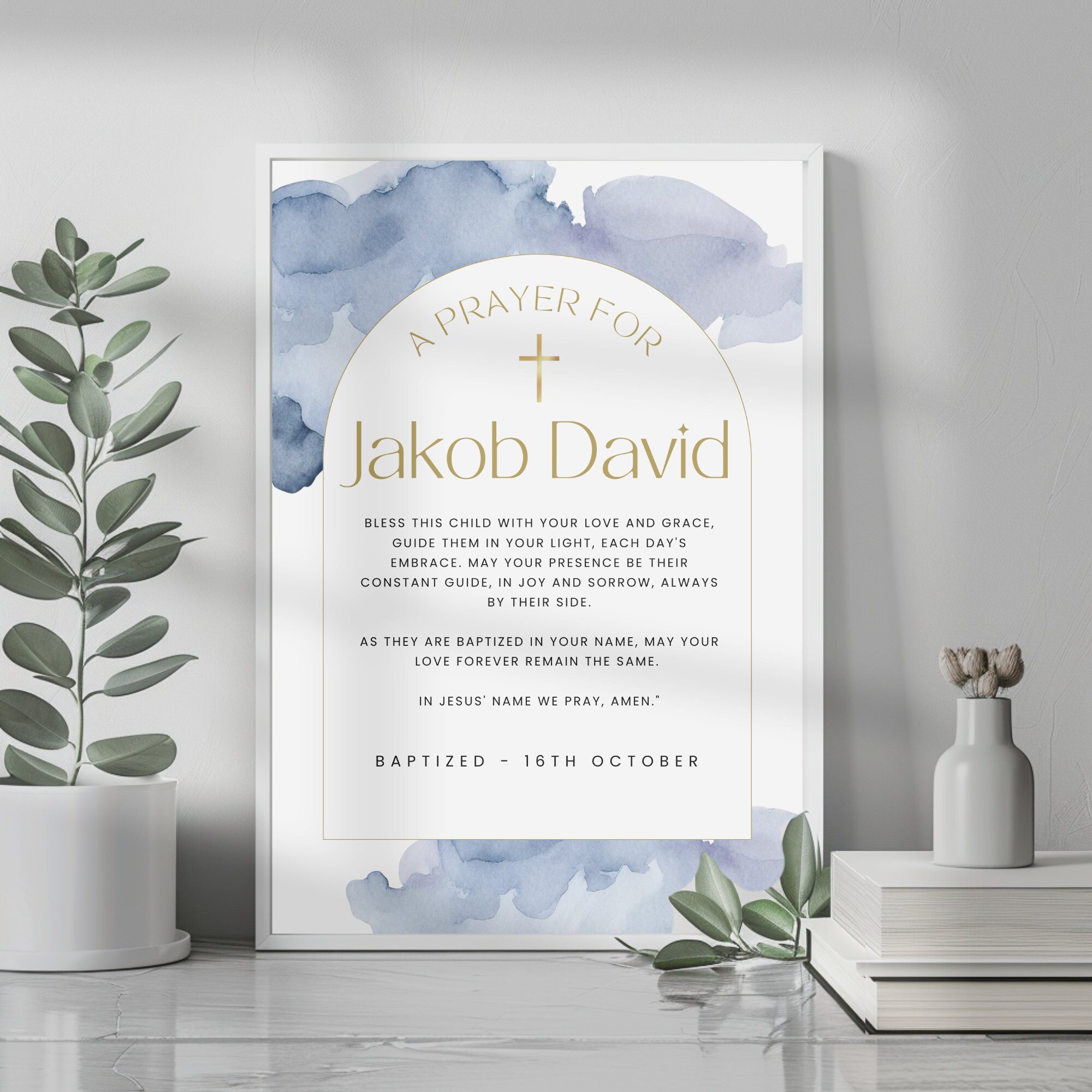 Baptism Prayer Sign, Navy Watercolor Decor Sign for Boy, Christening ...