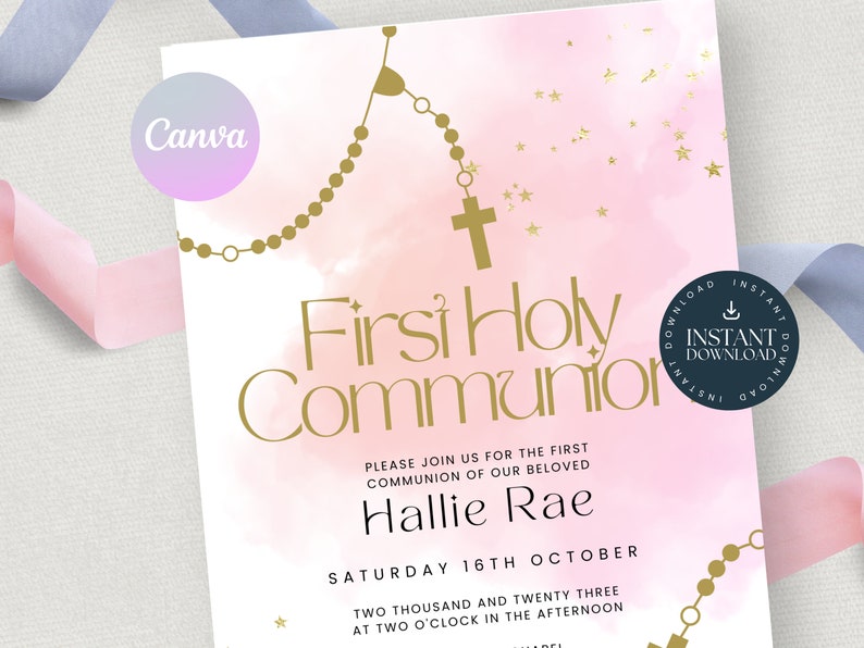 Editable Holy Communion Invitation Card Template, Pink, Gold Watercolor ...