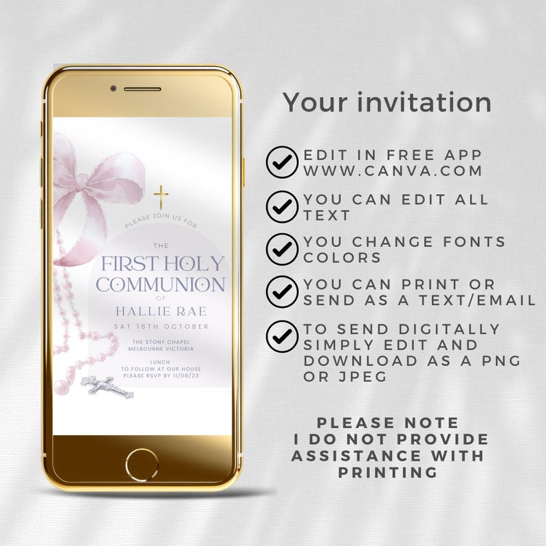 Pink Bow First Holy Communion Invitation, 1st Communion Invite for Girl ...