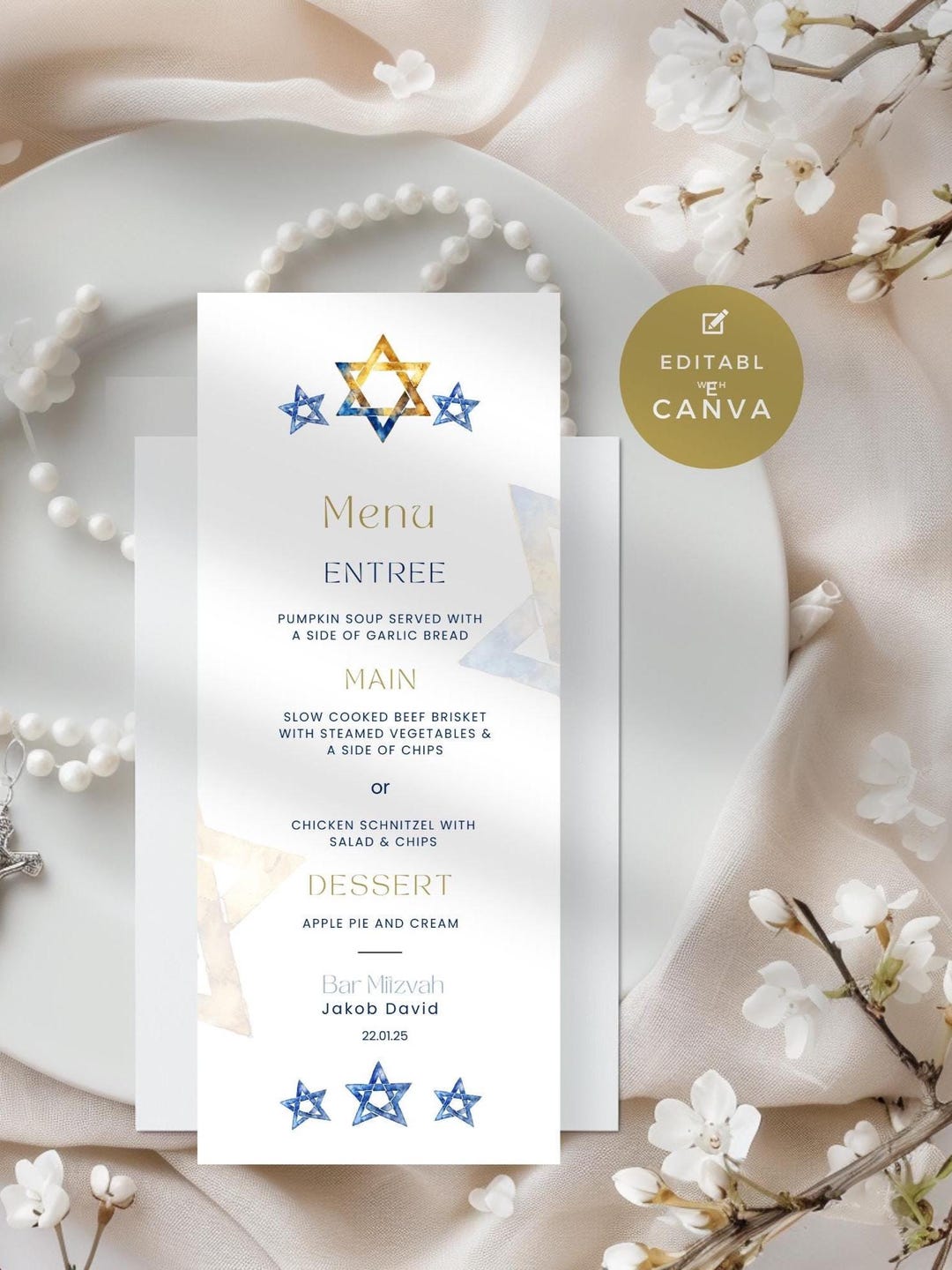 Bar Mitzvah Table Menu, Blue and Gold Star of David Decor, Bat Mizvah ...