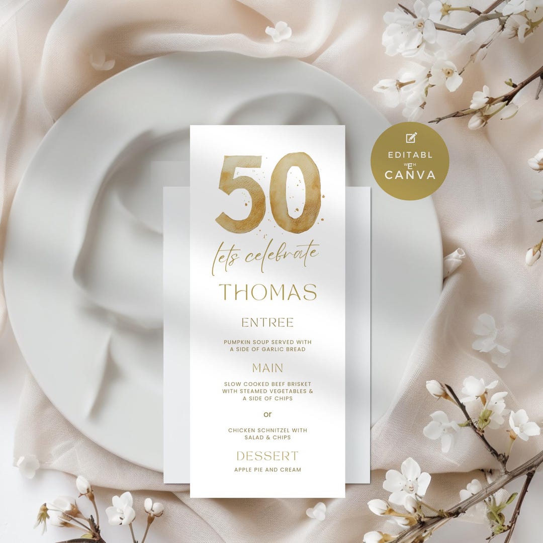 50th Birthday Dinner Menu, Elegant Gold Theme, Editable Template for ...