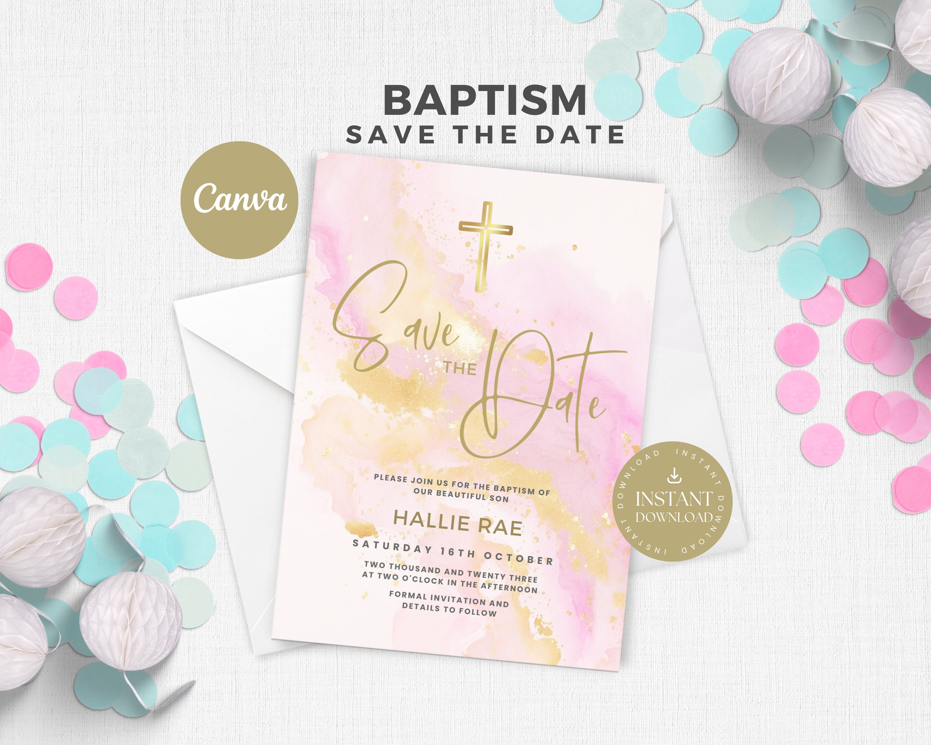 Save the Date Baptism Card, Minimalist, Modern, Pink and Gold ...