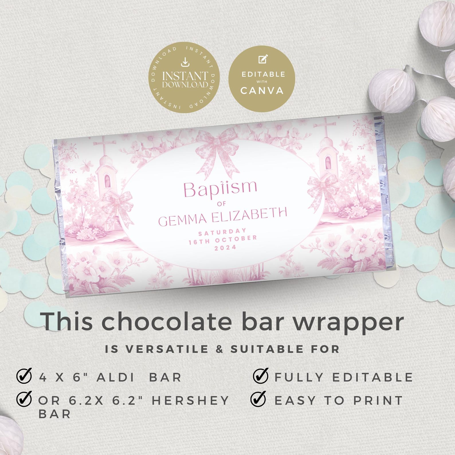 Toile Chocolate Bar Wrapper Baptism, Pink Watercolor Candy Wrapper Girl ...