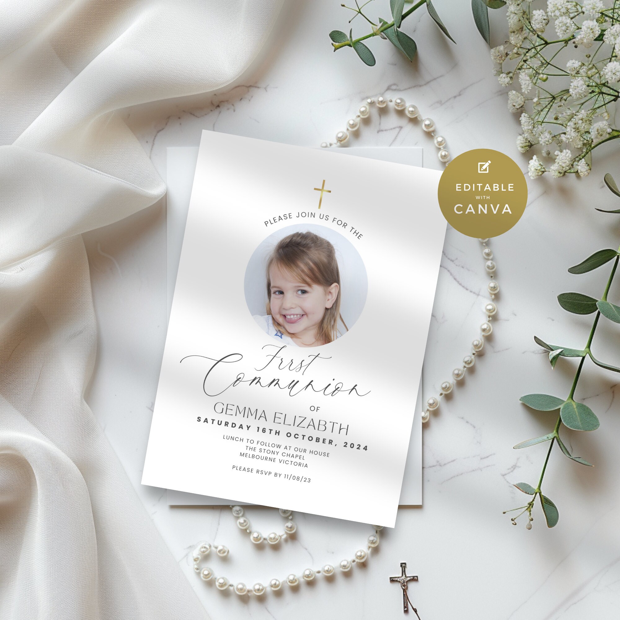 First Holy Communion Invitation With Photo, Minimalist Catholic Invite ...