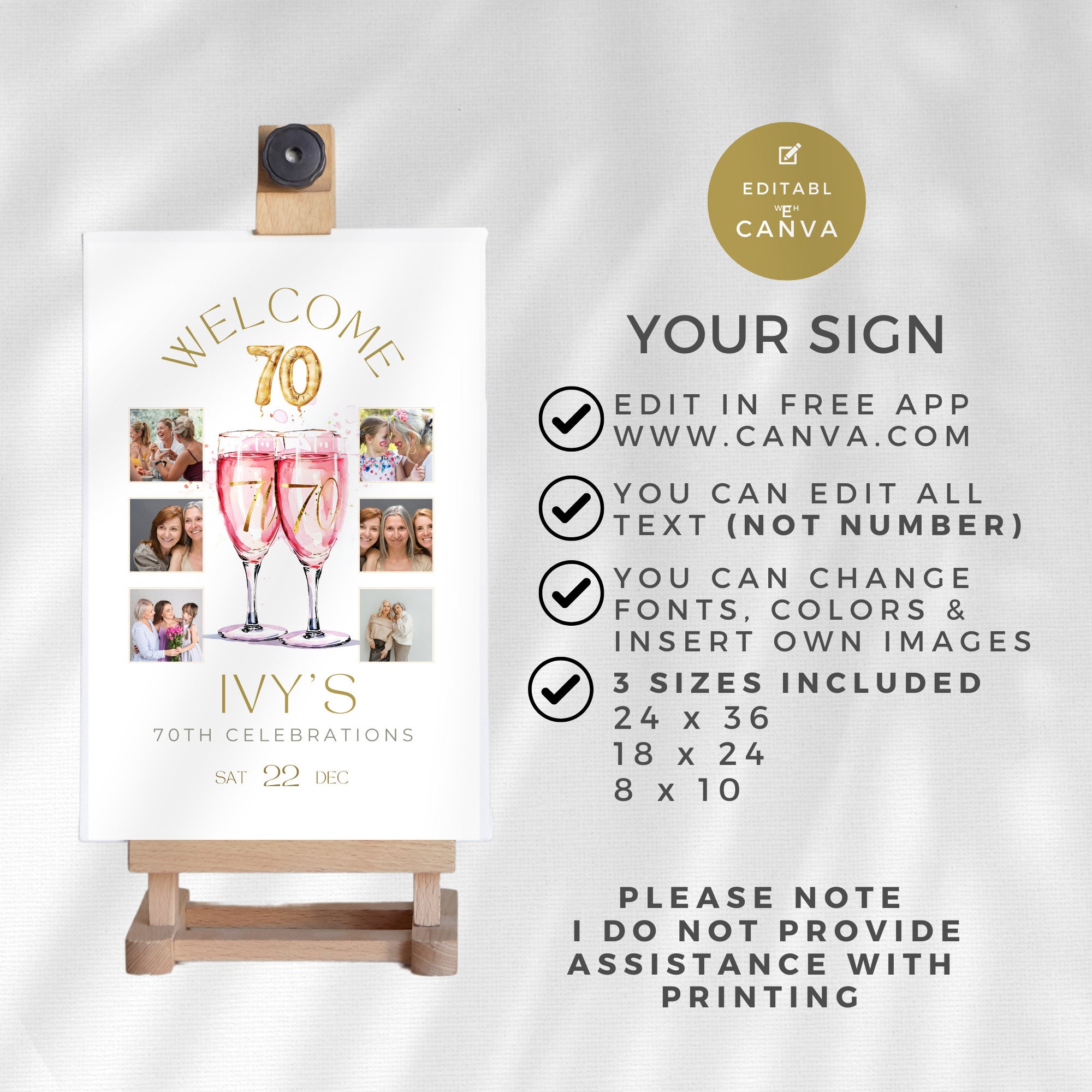 70th Birthday Sign With Pictures, Personalized Photo 70 Welcome Signage ...
