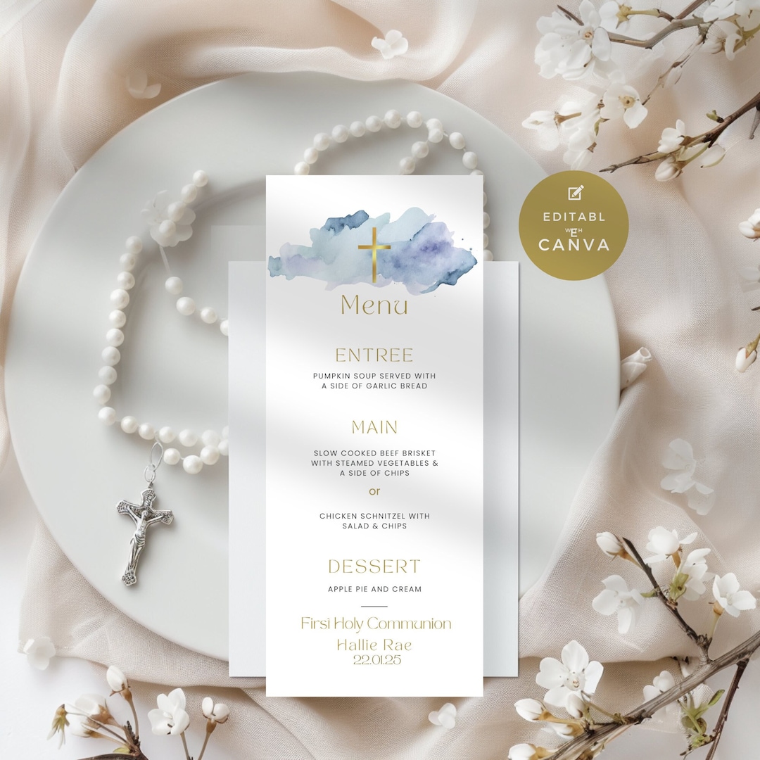 Menu for First Communion, Navy Blue & Gold Baptism or Christening ...