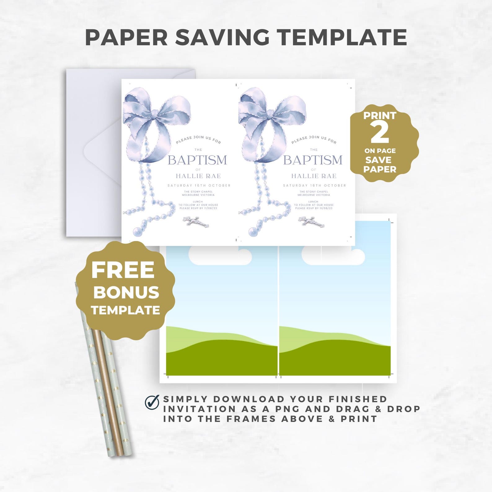 Baptism Invitation for Boy, Modern Blue Croquette Bow Design ...